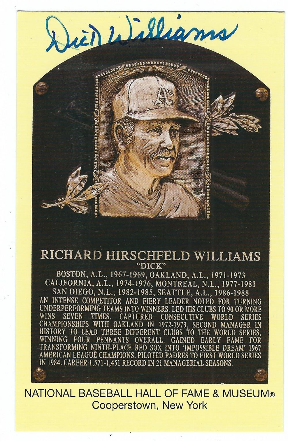Autographed Dick Williams Hall of Fame Gold Plaque | Main Line Autographs Autographed Dick Williams Hall of Fame Gold Plaque | Main Line Autographs