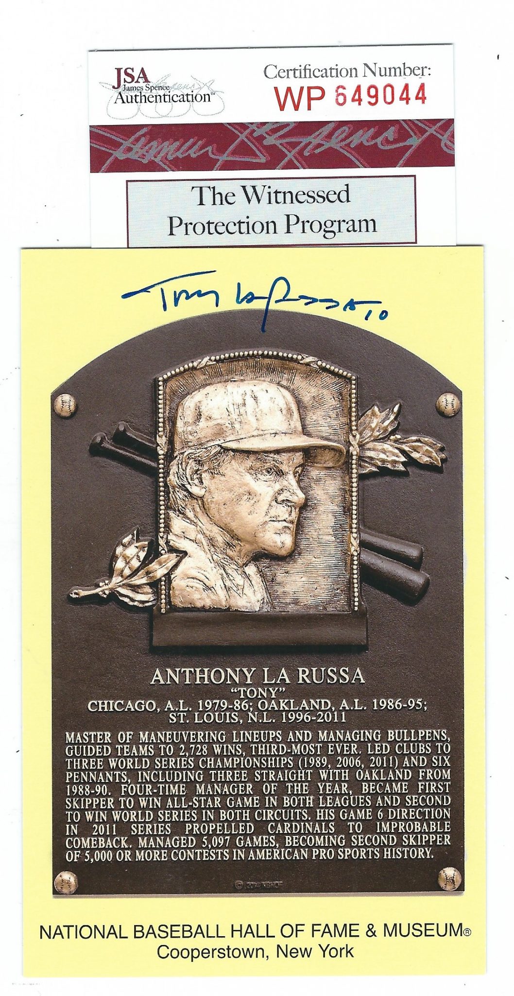 Autographed TONY LARUSSA Hall of Fame Gold Plaque JSA - Main Line ...